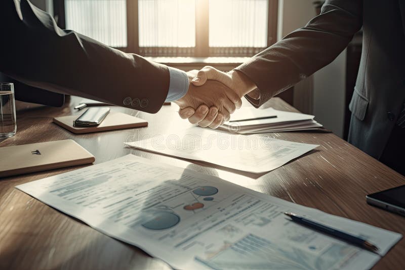 Business People in Suits Shake Hands at the Negotiating Table ...
