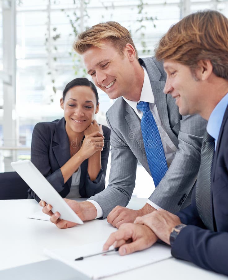 Business People, Tablet and Discussion for Research in Office ...