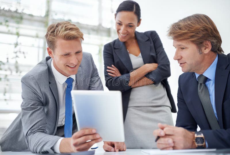 Business People, Tablet and Meeting for Discussion on Plan ...