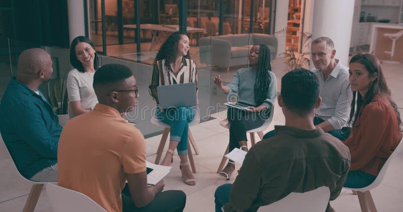 Business People, Talking and Circle in Office with Workshop, Discussion ...