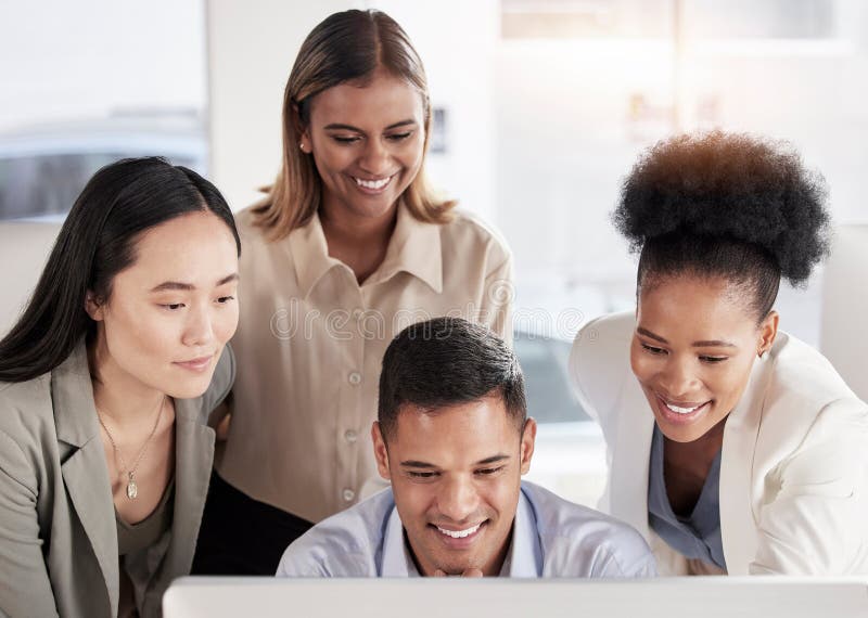 Business People Team And Diversity At Computer Happy Working Together