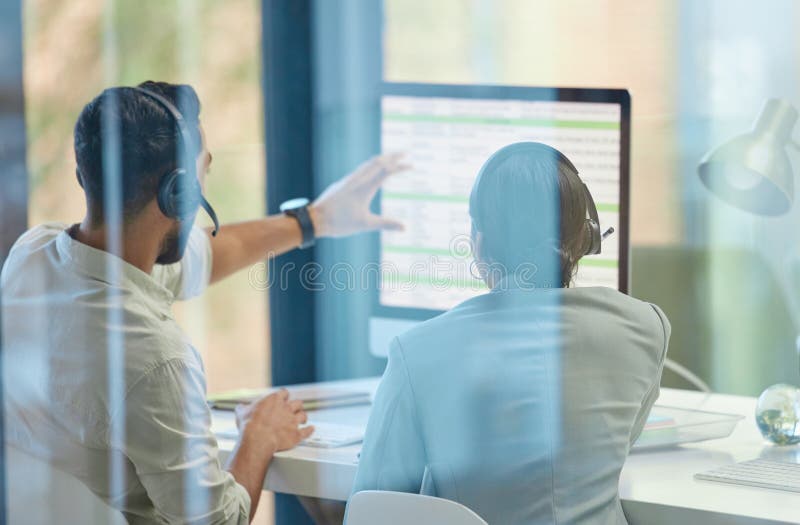 Business People, Teamwork and Discussion with Computer for Call Center ...