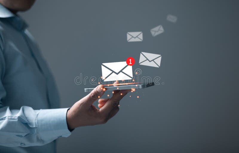 Business People Touch on Email in Virtual Screen. Inbox Receiving ...