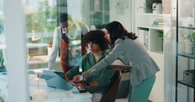 Business People, Training Intern and Group on Laptop for Help, Support ...