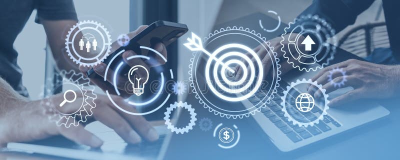 Business People Using Devices, Glowing Gears with Lightbulb and ...