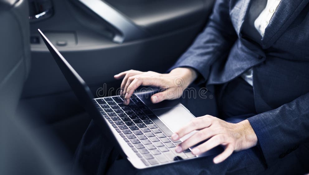 Business People Using Laptop Networking Car Inside Stock Photo - Image ...