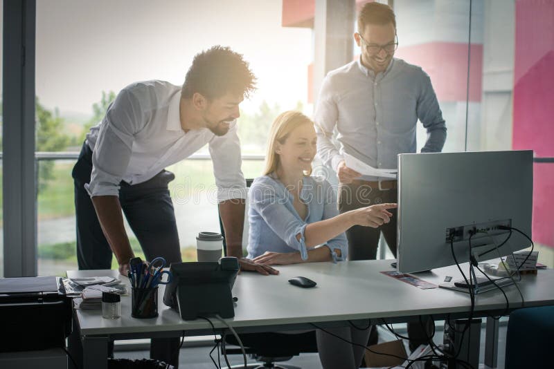 Business People Using Technology and Having Conversation. Busine Stock ...