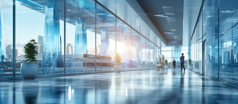 Business People Walking in Corridor of Modern Office Building with ...