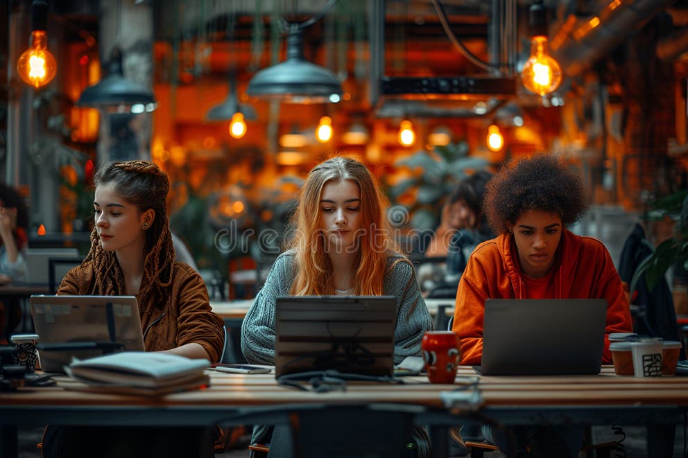 Business People Work in Computer in Cafe. Work Outside the Home Stock ...