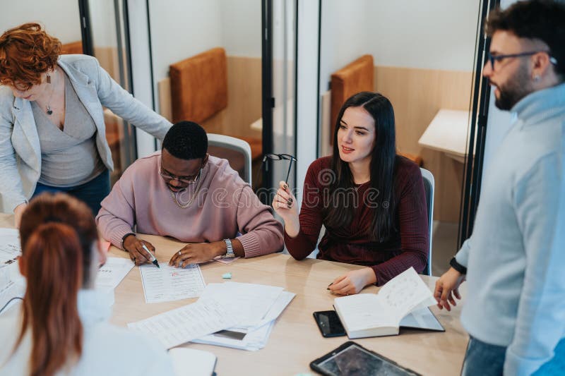 Multiethnic Business Group Working on a Project Gathered at Table in ...