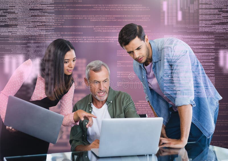 Business People Working on Laptop with Screen Text Interface Stock ...
