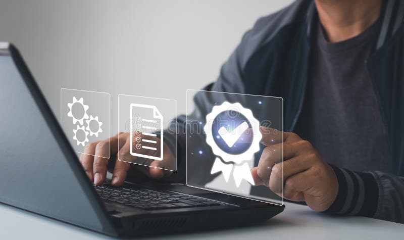 Business People Working on Laptop and Touching Certificate Icon ...