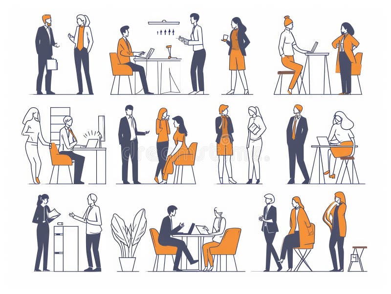 Business People Working at the Office. Illustration in Line Style Stock ...