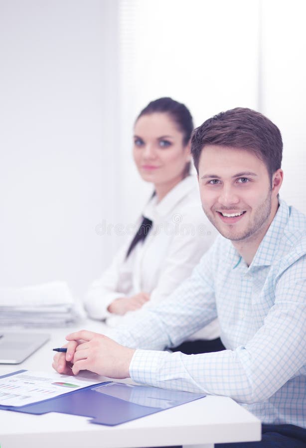 Business People Working Together at Desk, White Background Stock Photo ...