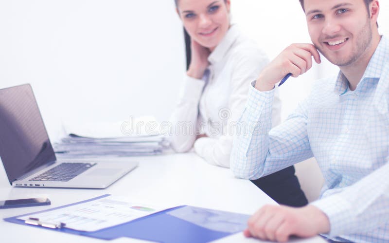 Business People Working Together at Desk, White Background Stock Photo ...