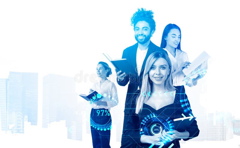 Teamwork Silhouette and Digital Business Data Chart, Percentage Circle ...