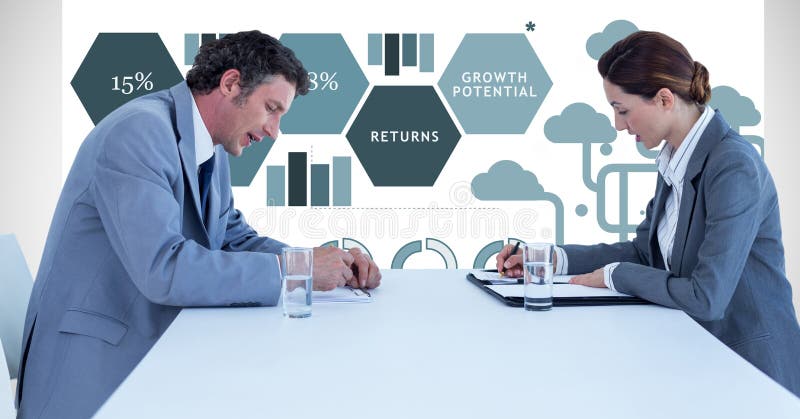 Business People Writing Notes at Desk Against Graphics Stock Image ...