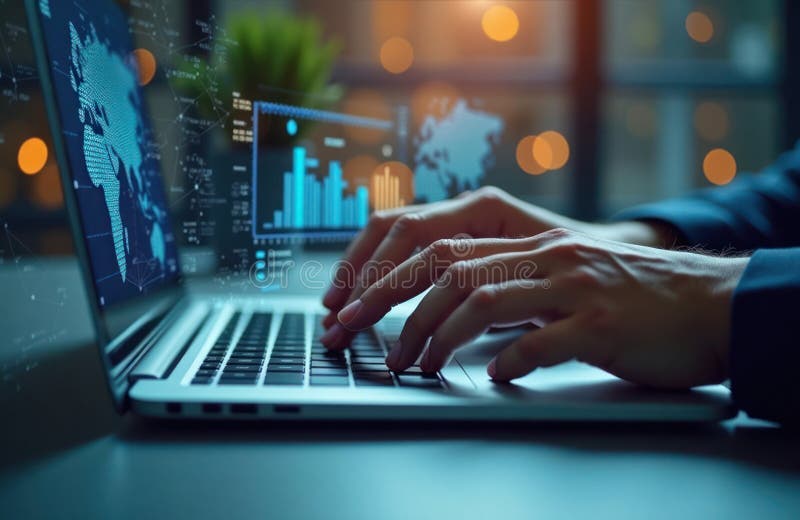 Business Person Analyses Global Data on Laptop. Person Types on ...