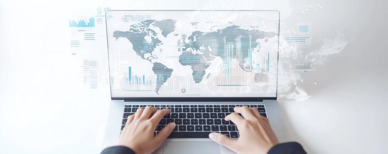 Business Person Analyzes Global Data Trends on Laptop. Person Uses ...