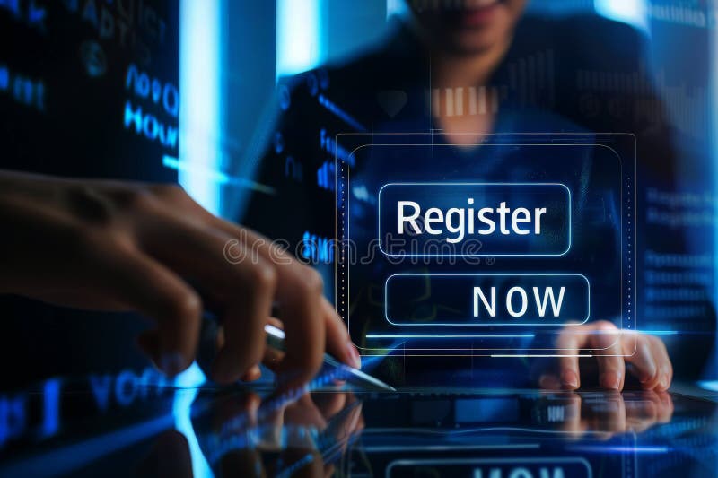 Business Person with a Digital Interface Press a Register Now Button ...