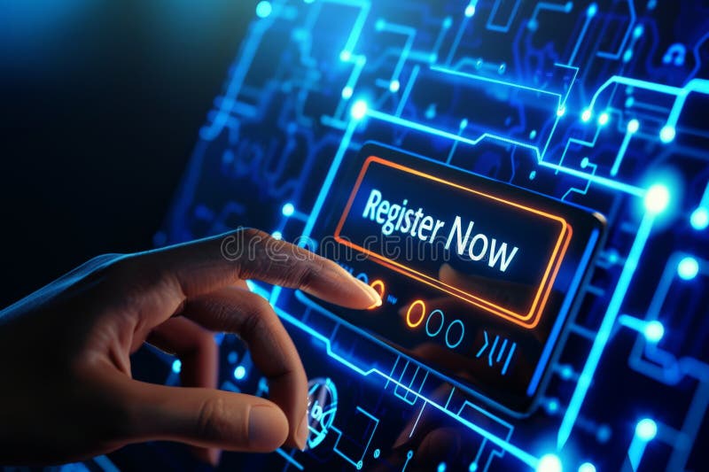 Business Person with a Digital Interface Press a Register Now Button ...