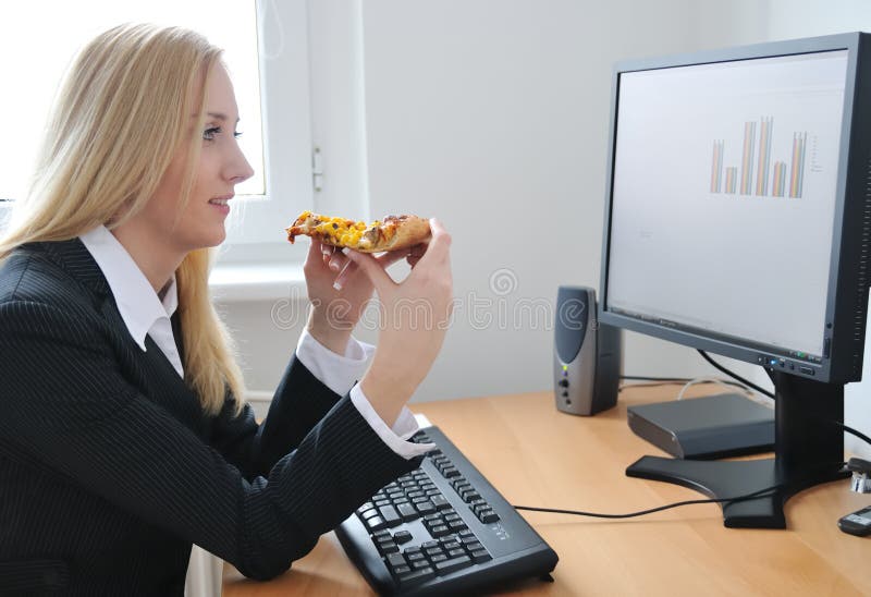 Business Person Eating Pizza at Computer Stock Image - Image of ...