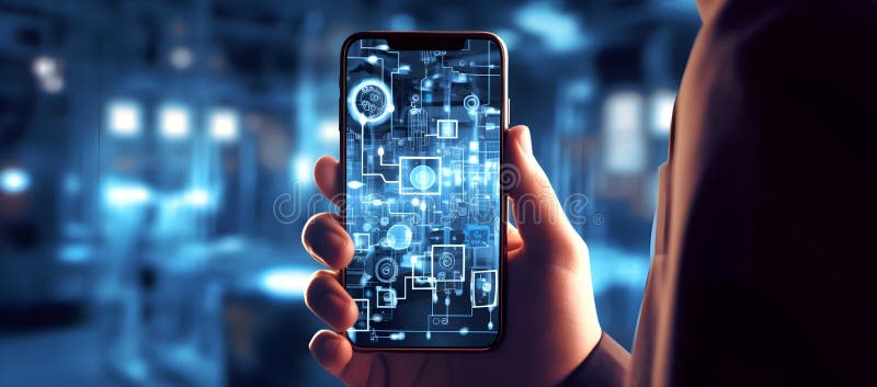 Holding Smart Phone with a Tech Background and Lights - GenerativeAI ...