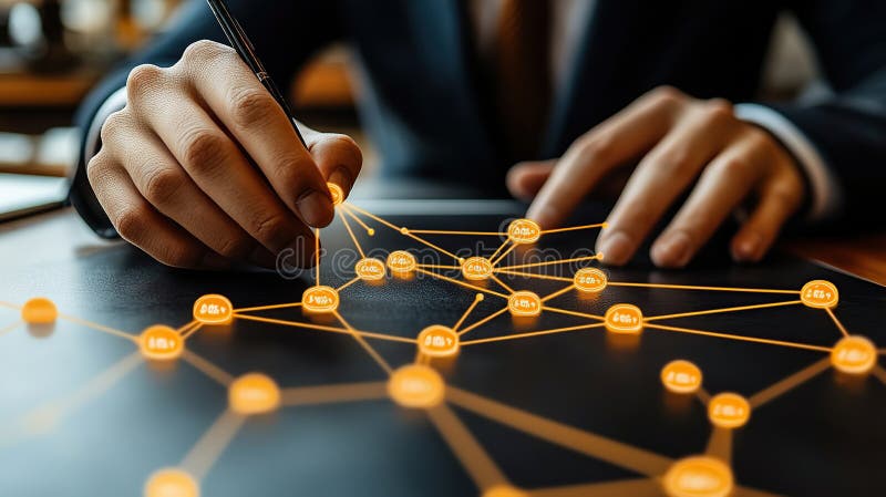 Business Person Interacting with a Digital Network Diagram on a Tablet ...