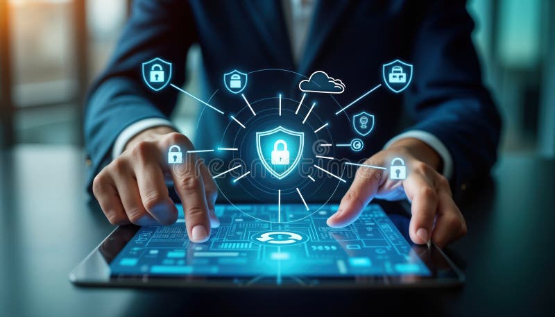 Business Person Interacts with Digital Cyber Security Interface on ...