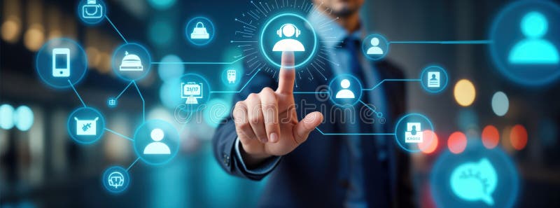 Business Person Interacts with Virtual Support Interface. Modern Tech ...