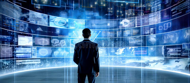 Man Looking at Full of Digital Information on Large Screen ...