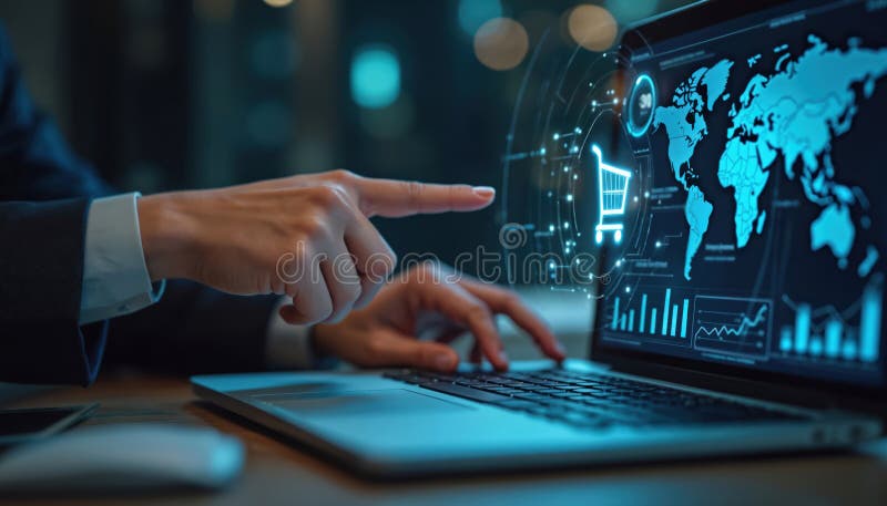 E-commerce and Data Analysis with Shopping Cart QR Code and Laptop Graphics Stock Vector ...