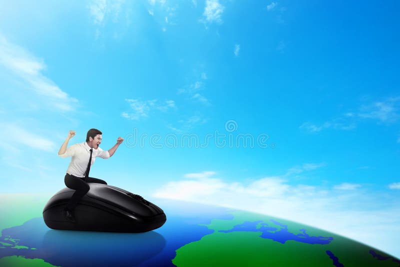 Business Person Riding Computer Mouse Over the World Map Stock Photo ...