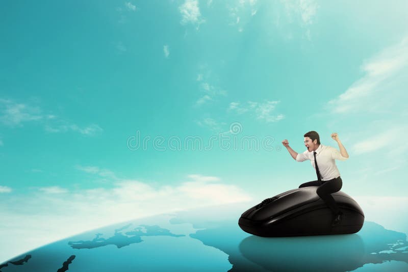 Business Person Riding Computer Mouse Over the World Map Stock Image ...
