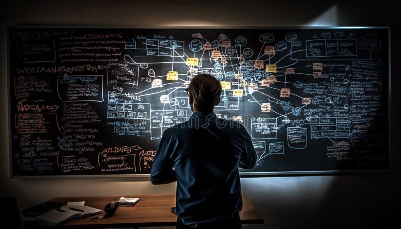 Business Person Standing, Brainstorming Growth Plan with Computer ...