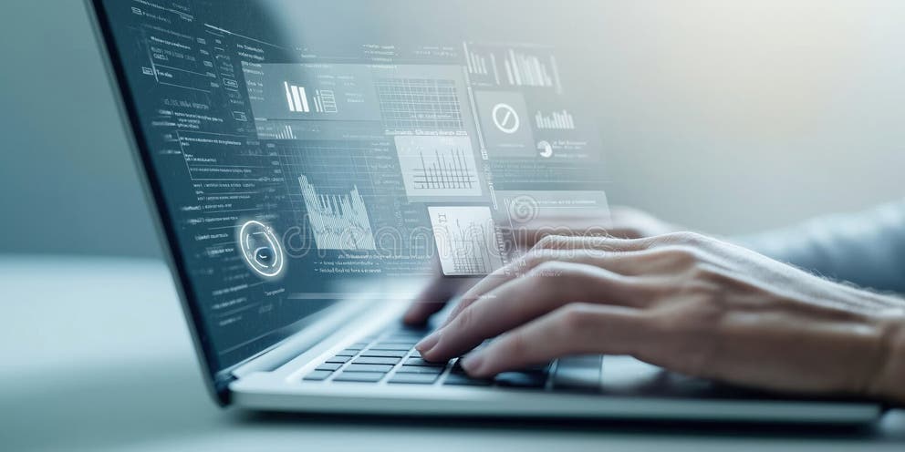 Business Person Uses Laptop with Advanced Security System Interface ...