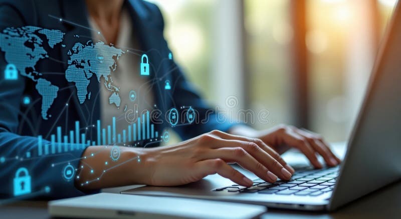 Business Person Uses Laptop for Data Analysis. Global Data Trends ...