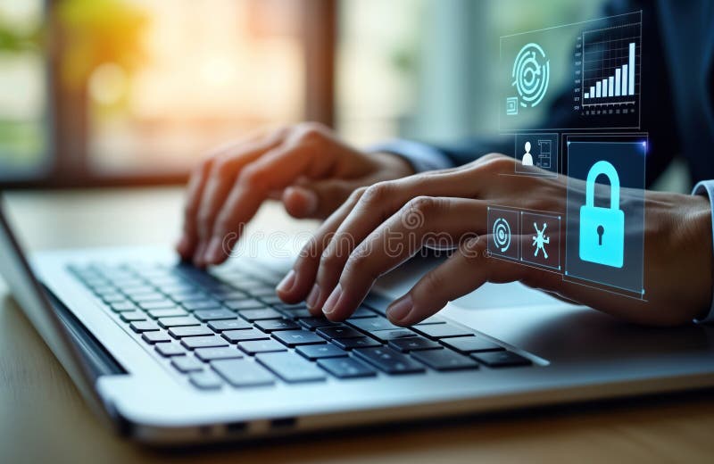 Business Person Uses Laptop Typing, Focused on Security System. Digital ...