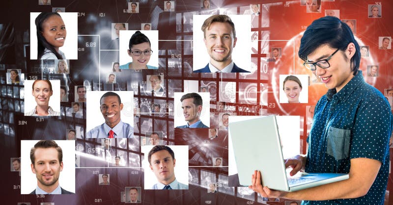 Business Person Using Laptop Against Portraits Stock Image - Image of ...