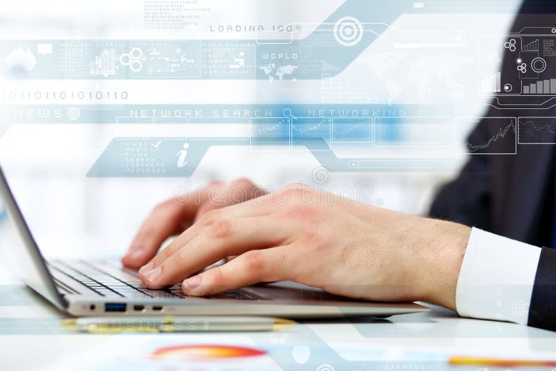 Close Up of Business Man Hand Working on Laptop Computer with S Stock ...