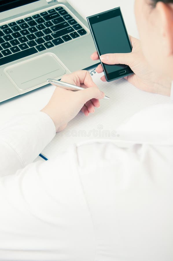 Business Person Working on Computer and Phone Stock Photo - Image of ...