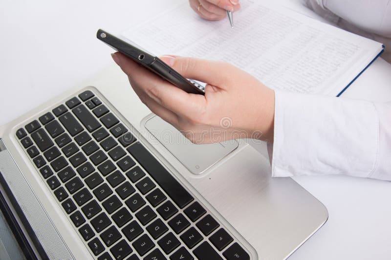 Business Person Working on Computer and Phone Stock Photo - Image of ...