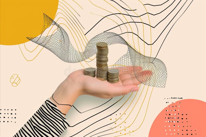 Business Persons Hand Holding a Stack of Coins. Paper Art Collage Style ...