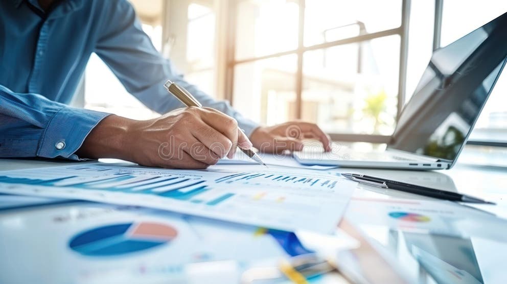 A Business Plan Being Reviewed by an Executive, with a Background of ...