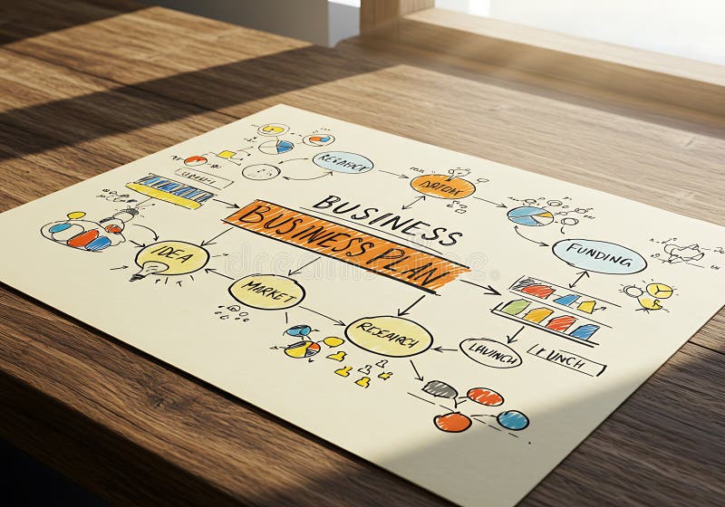 Business Plan Flowchart on Wood Table Stock Illustration - Illustration ...