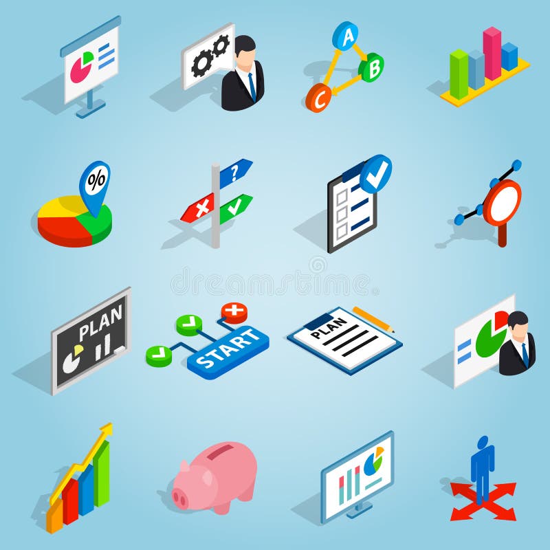 Business Plan Set Icons, Isometric 3d Style Stock Vector - Illustration ...