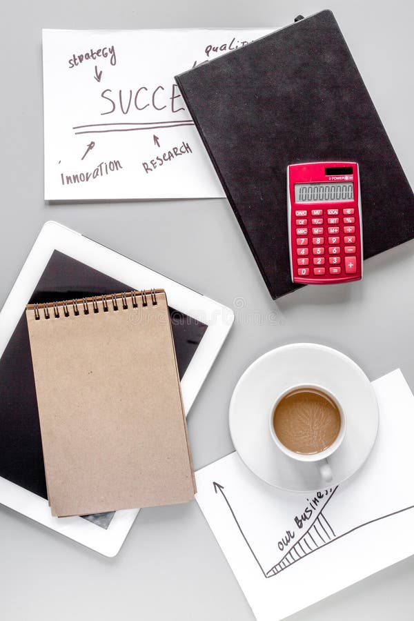 Business Plan Tablet Copybook Gray Table Background Top View Stock ...