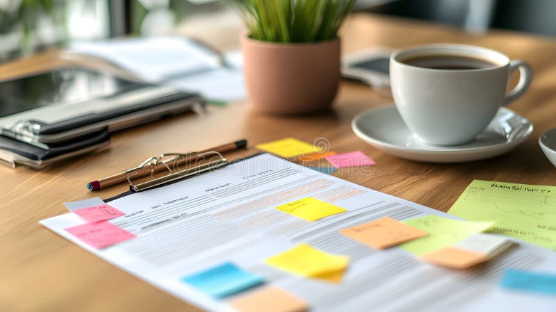 Business Plan Template on a Desk with Sticky Notes and Coffee, Planning ...