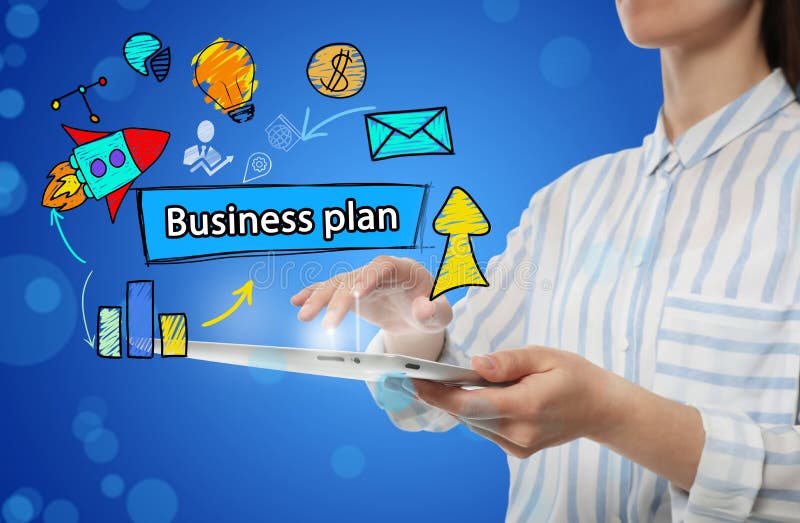 Business Plan. Virtual Screen with Different Icons and Woman Using ...