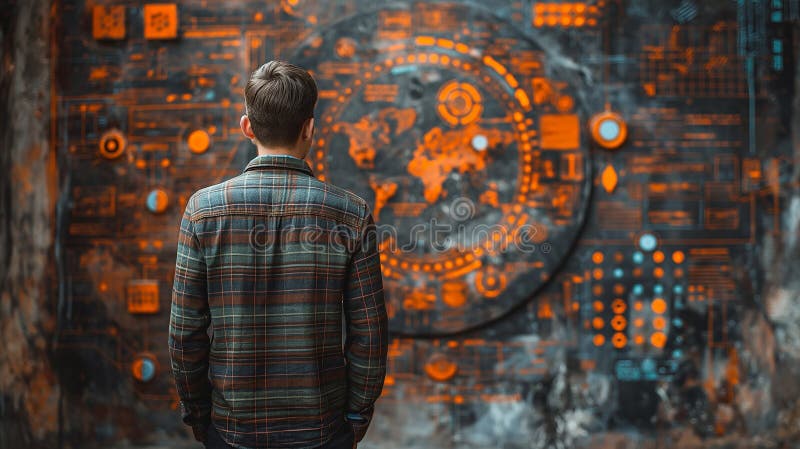 Business Planning: European Man at Wall with Plans, Back View. Stock ...